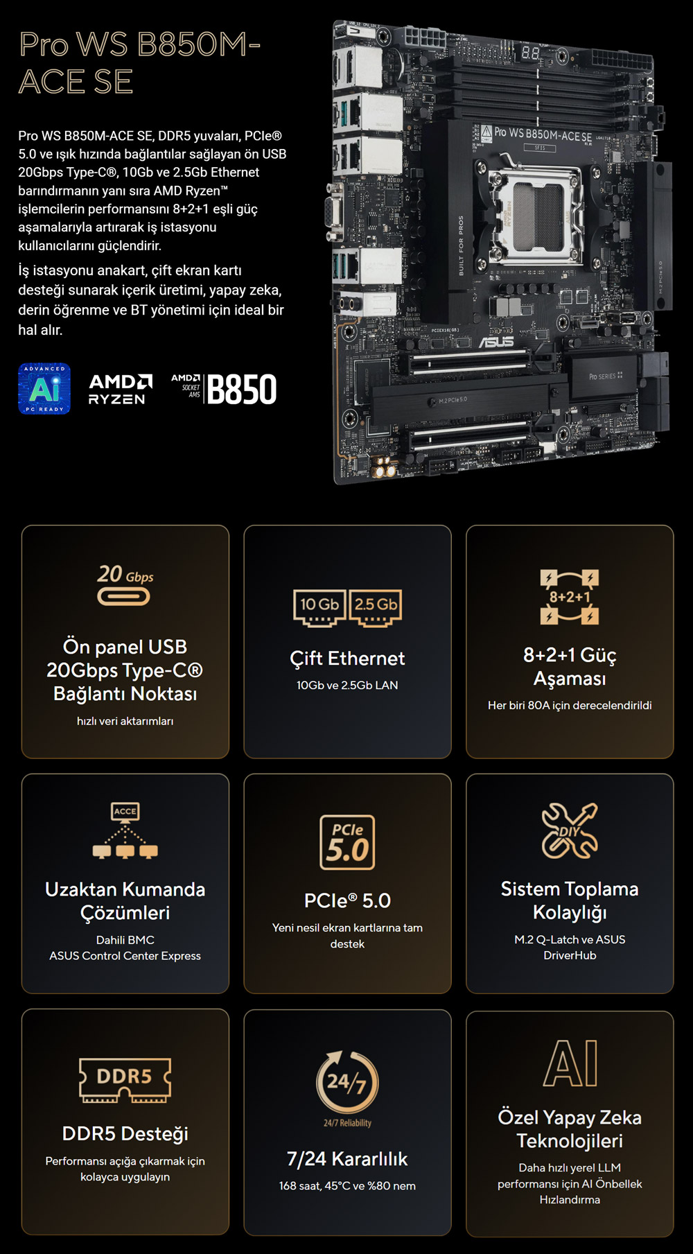 ASUS PRO WS B850M-ACE SE AMD B850 Soket AM5 DDR5 8000MHz(OC) M.2 ...