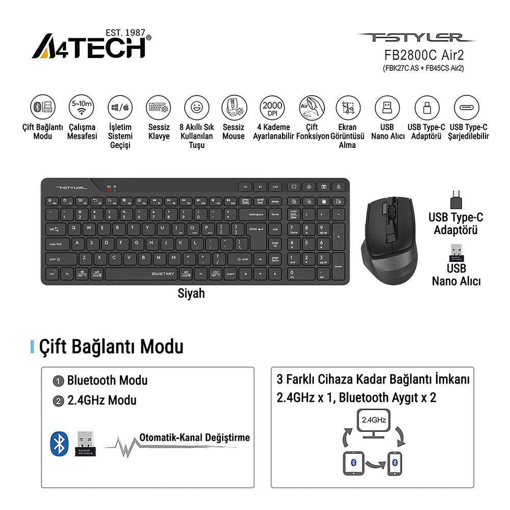 A4TECH FB2800C AIR2 KABLOSUZ KLAVYE MOUSE SET - Vatan Bilgisayar